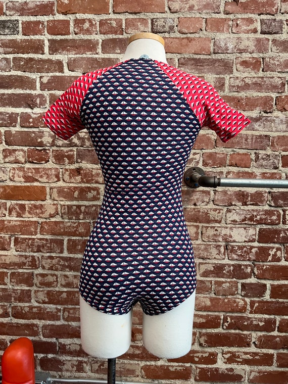 70s Pop Art Blue Red & White Nautical Bodysuit, 70s b… - Gem