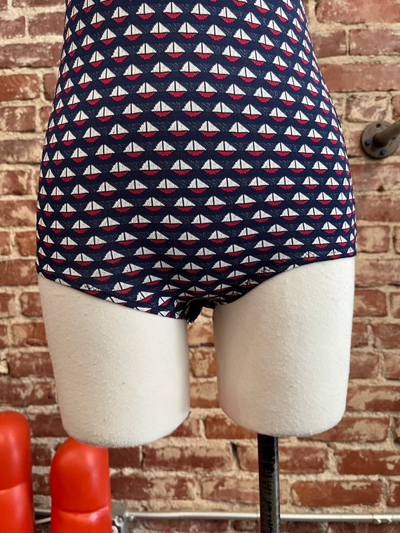 70s Pop Art Blue Red & White Nautical Bodysuit, 70s b… - Gem