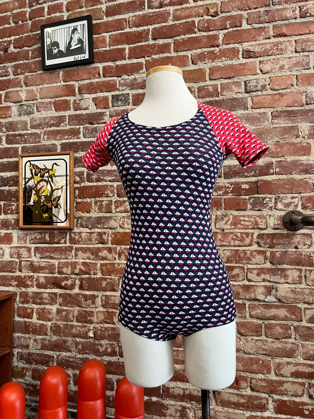 70s Pop Art Blue Red & White Nautical Bodysuit, 70s Bodysuit, 70s ...