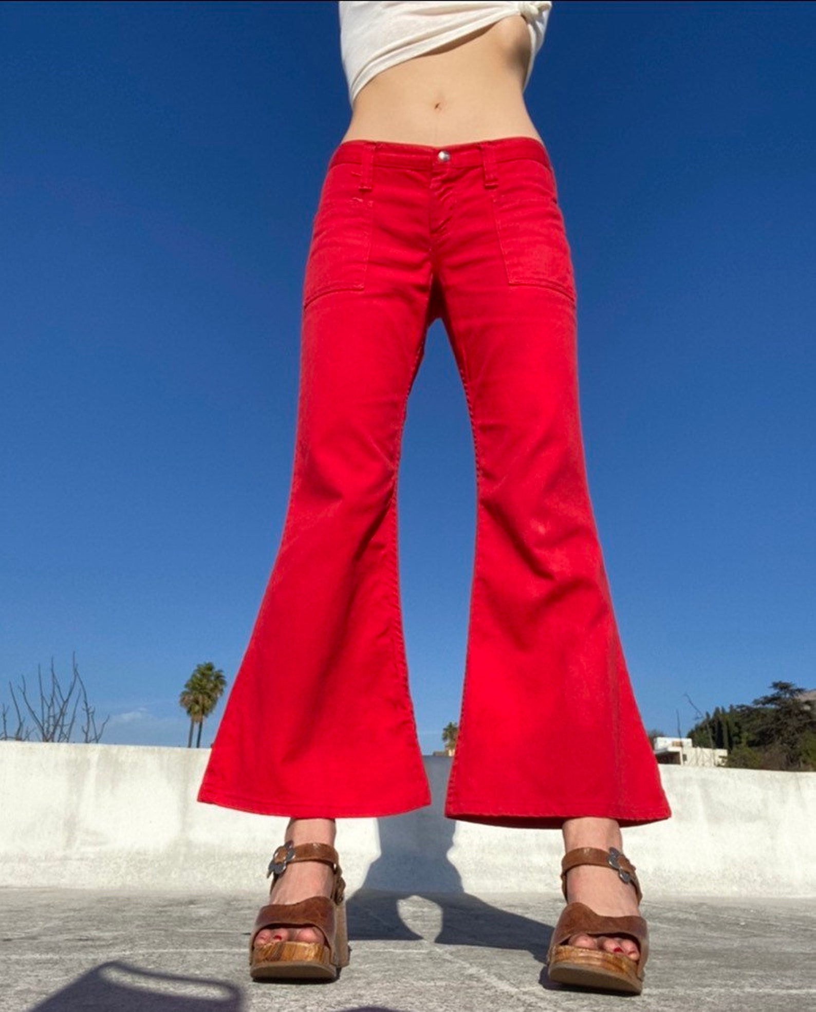 70s Red Denim Hip Huggers Flared Jeans By Maverick Etsy