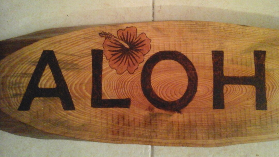 Aloha Wood Sign With Hibiscus Burned Flower on Oblique Cut - Etsy