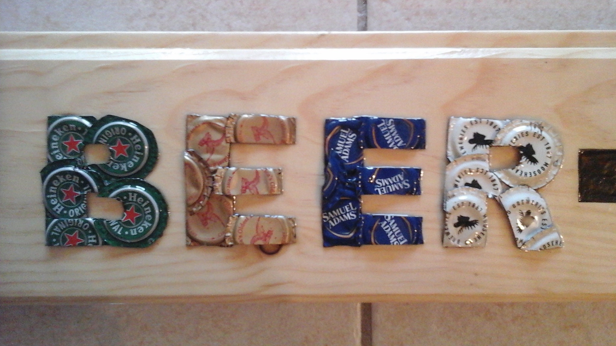 Beer Bottle Cap Sign With Wood Burned Arrow on Pine Wood - Etsy