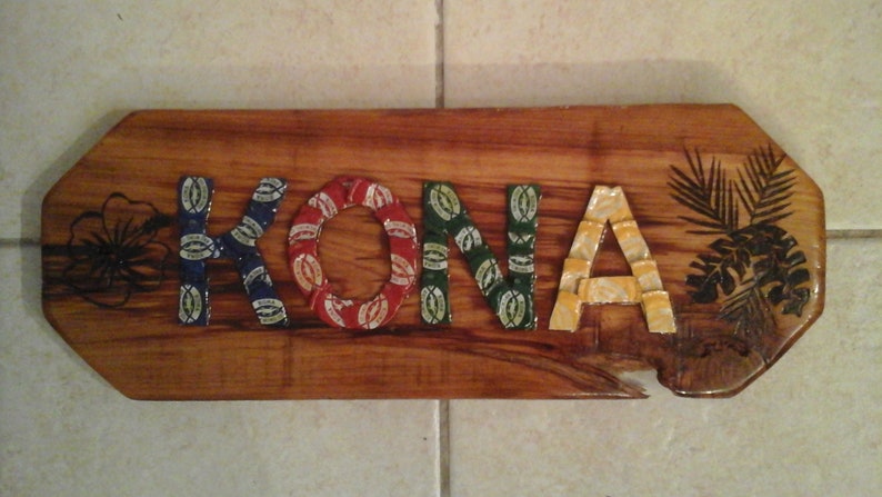 Multi-colored Kona Beer Bottle Cap Sign With Wood Burned Tropical ...