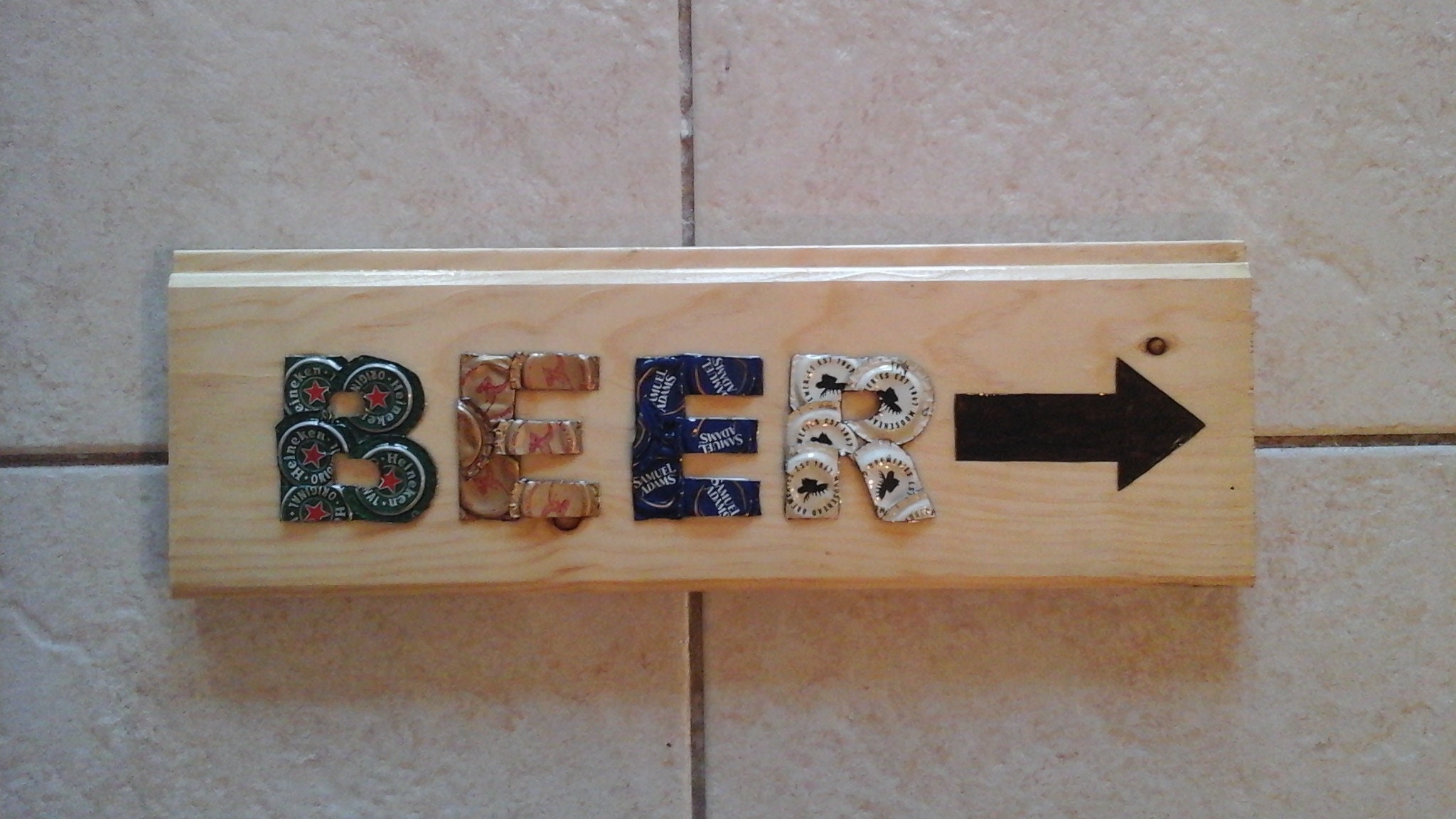 Beer Bottle Cap Sign With Wood Burned Arrow on Pine Wood - Etsy