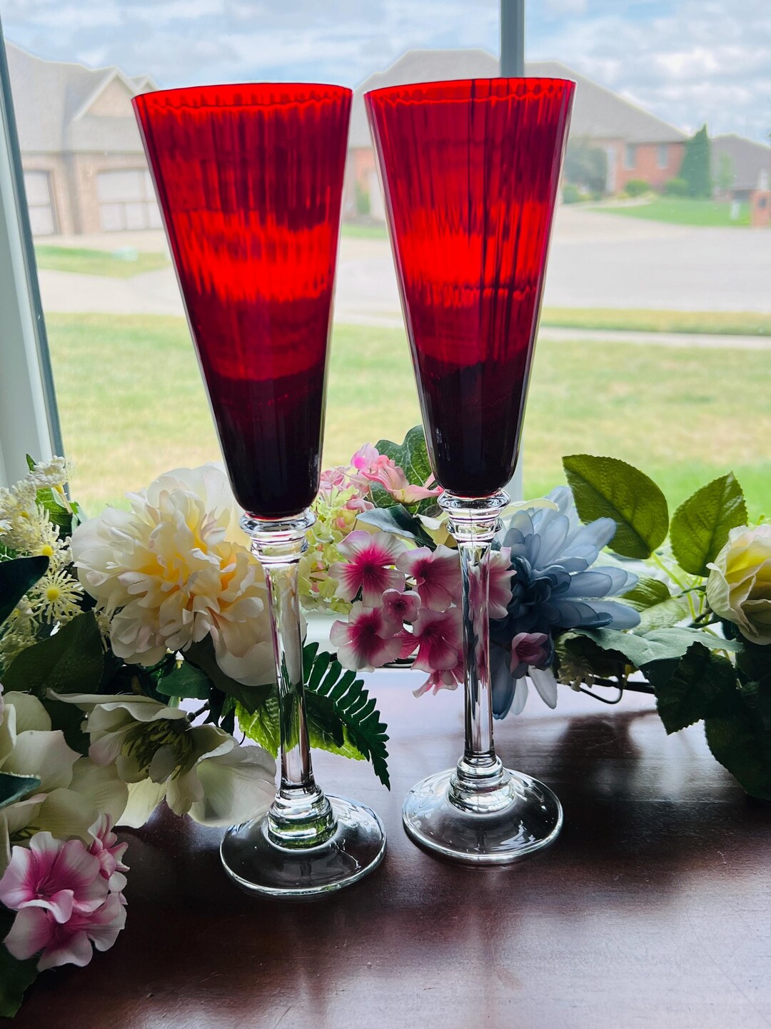 Ruby Red Ribbed Champagne Flutes, Sets of 2 - Etsy