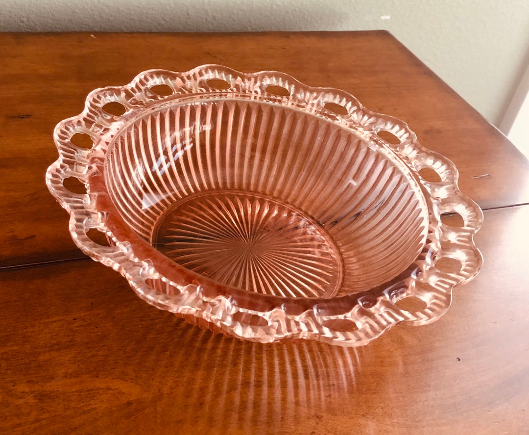 Old Colony or Open Lace Pink Depression Glass Serving Bowl With Ribbed ...