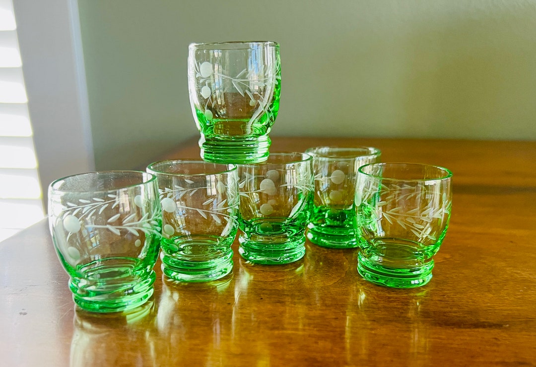Green Etched Sake/ Shot Glasses Set of 6 - Etsy