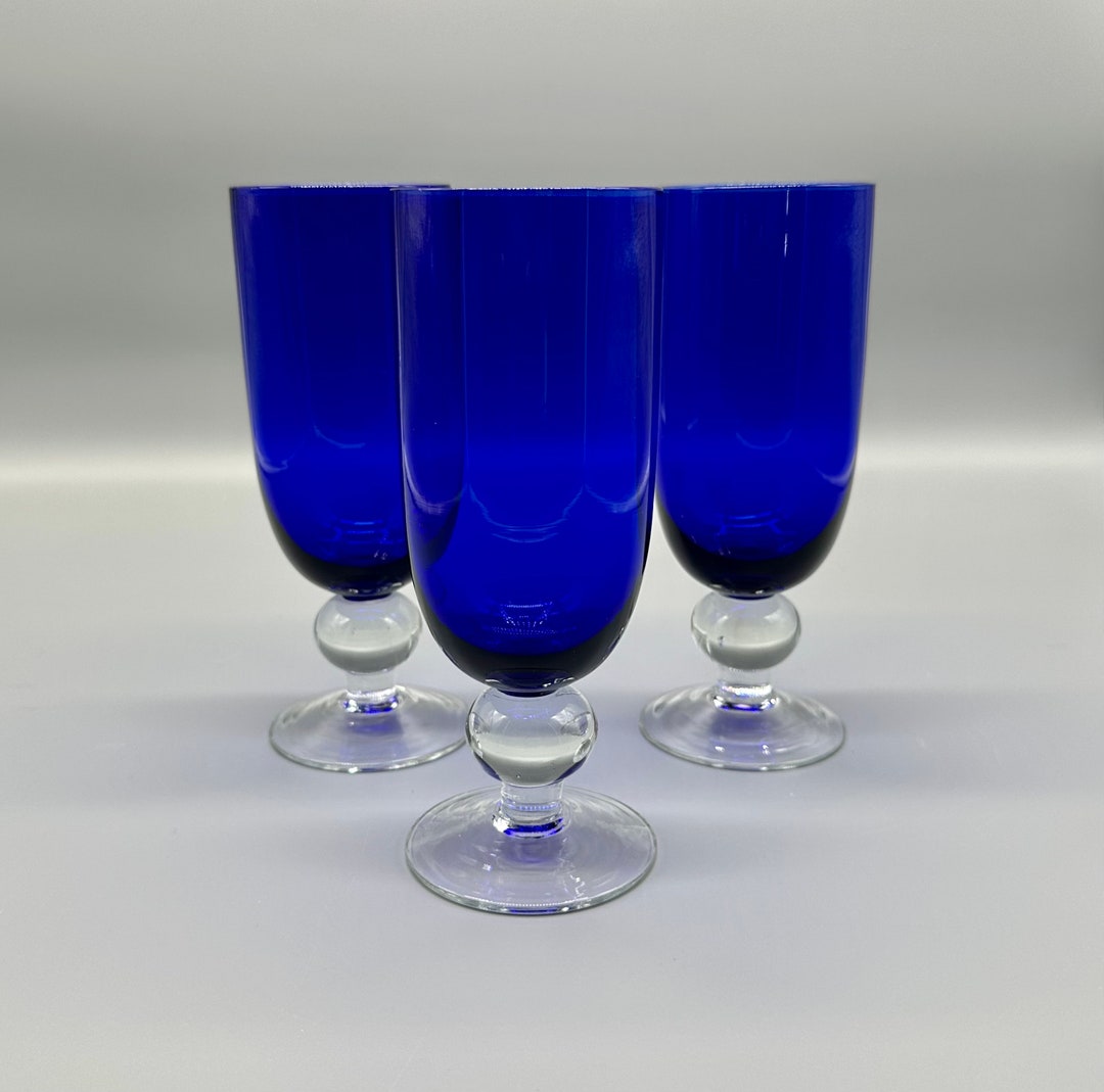 Bryce Contour Cobalt blue Bowl With Clear Stem and Foot, Set of 3 - Etsy