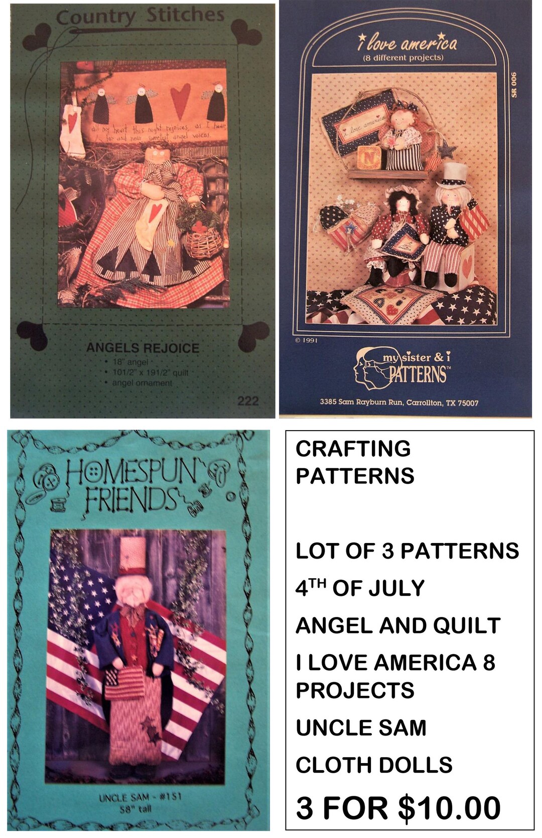 Lot of 3 Vintage Craft Patterns, Coth Dolls, 4th of July, Angel and ...