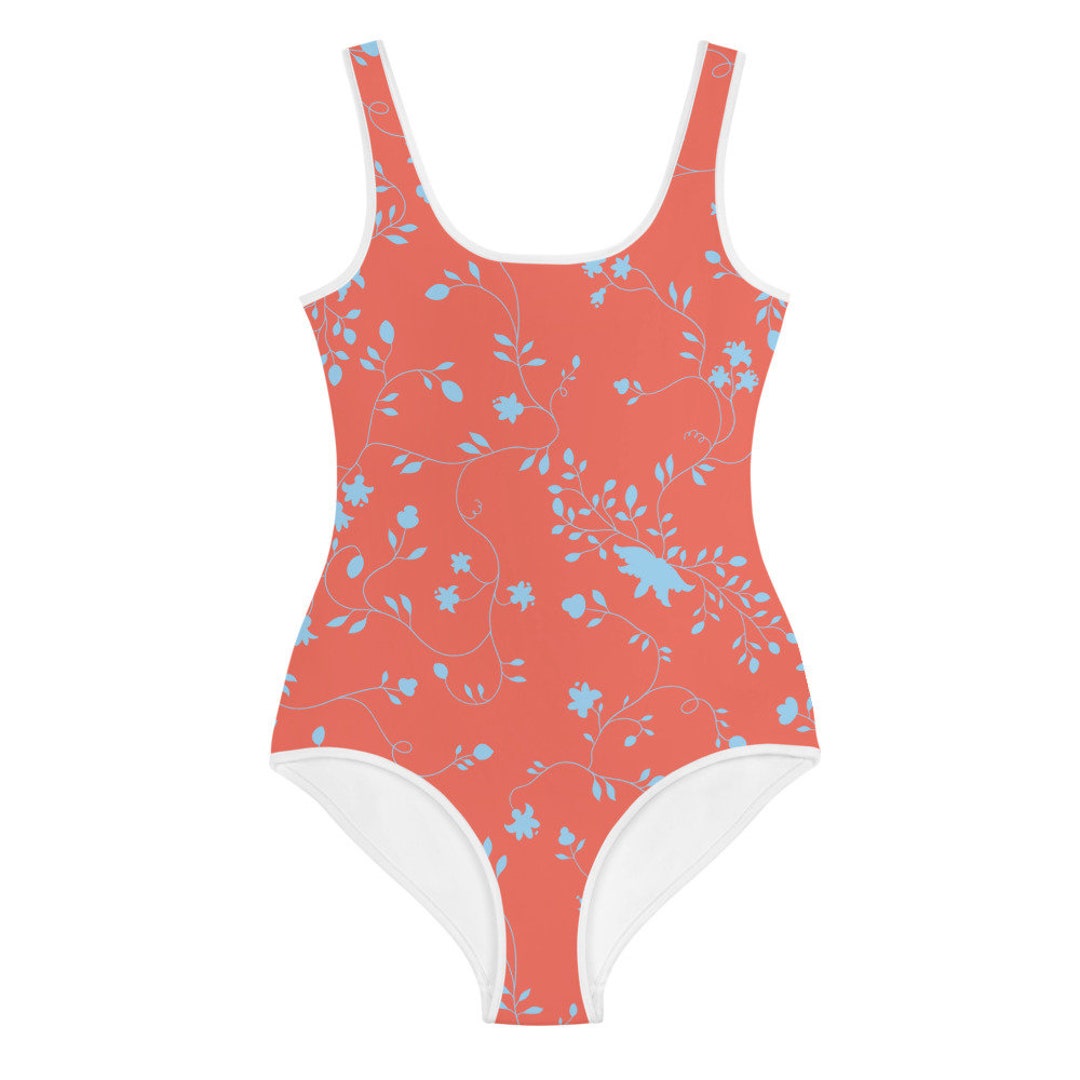 ONE PIECE FLORAL Girls Swimsuit Red Wild Clematis Hand Drawn Two Tone ...