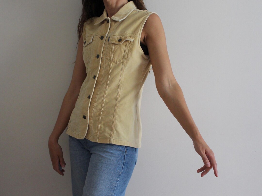 Vintage Yellow Sleeveless Velvet Vest / Women's Retro Button-up Shirt ...