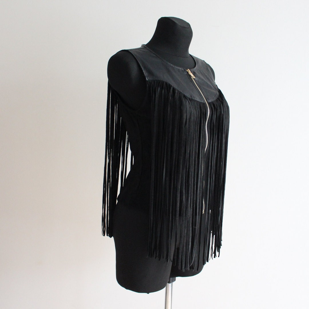 Faux Leather Vest Black Leather Vest Fringed Vest Leather - Etsy