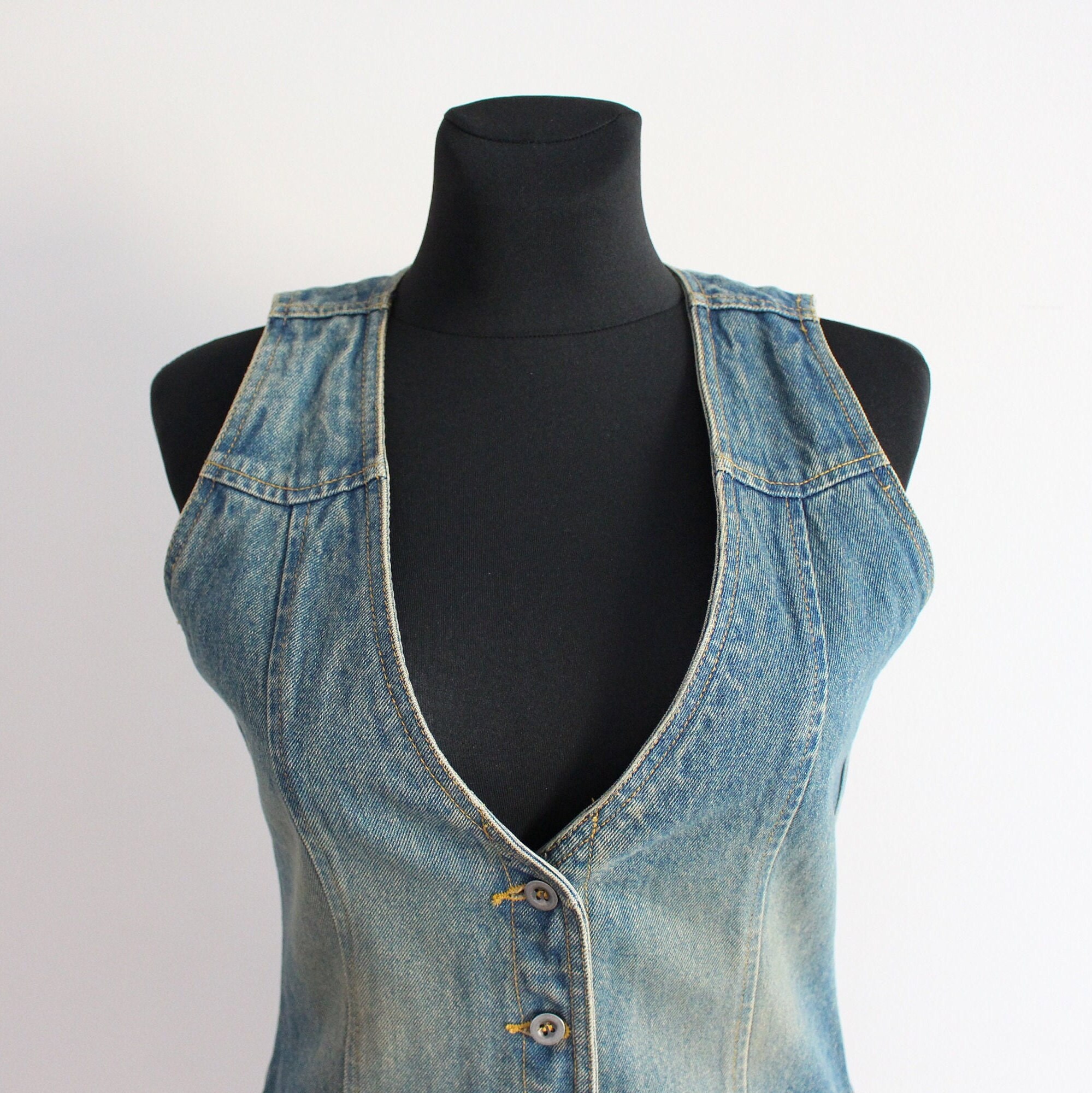 Vintage Denim Vest Acid Wash Denim Vest Women's Blue Denim Waistcoat Blue Jean Vest Fitted Vest ...