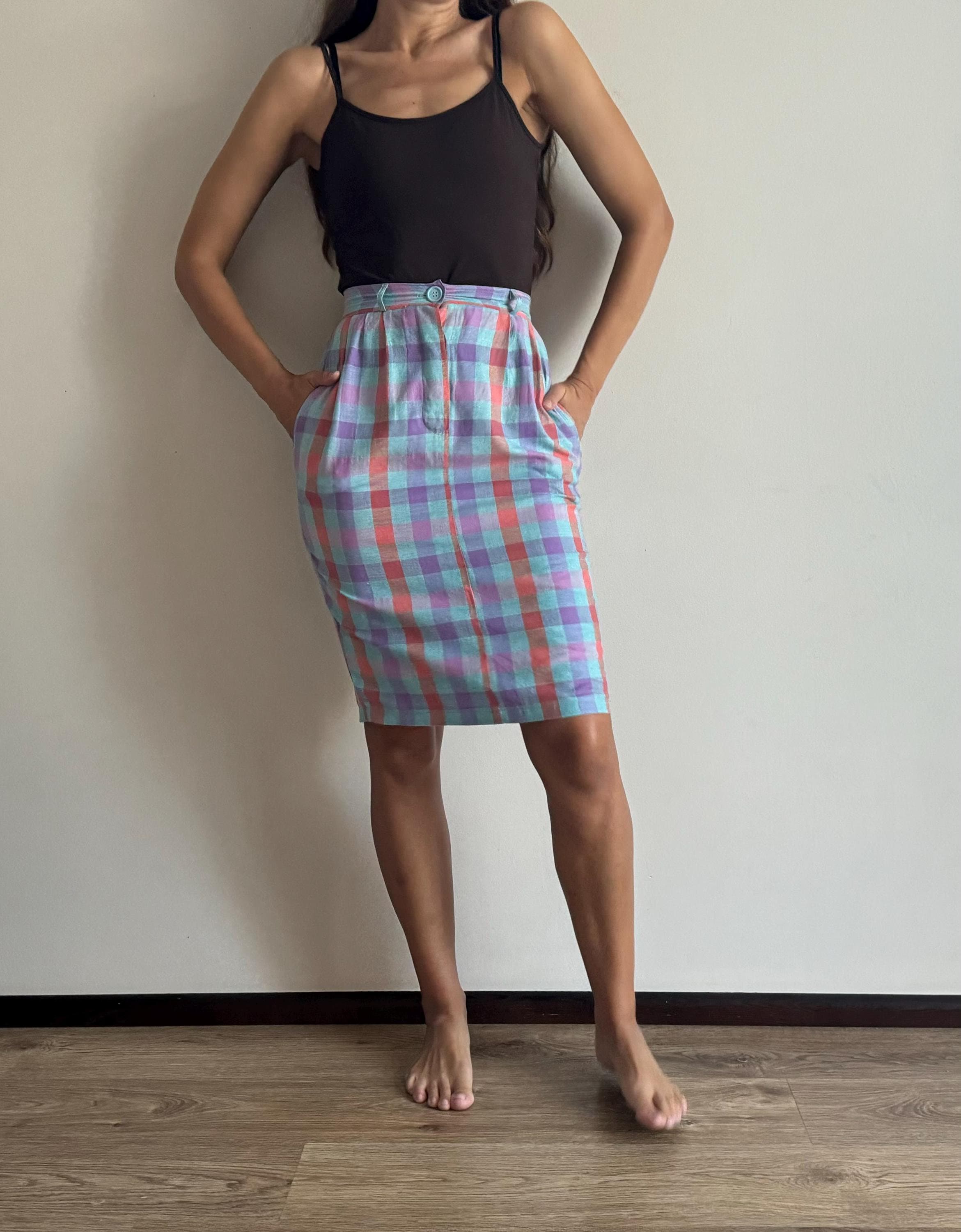 Vintage Skirt Checkered Skirt Plaid Skirt High Waisted Pencil Skirt ...