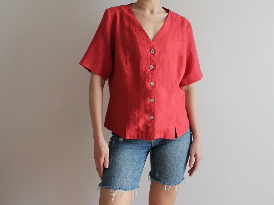 Red Linen Top Women's Linen Blouse Short Summer Blouse V-neck Linen ...