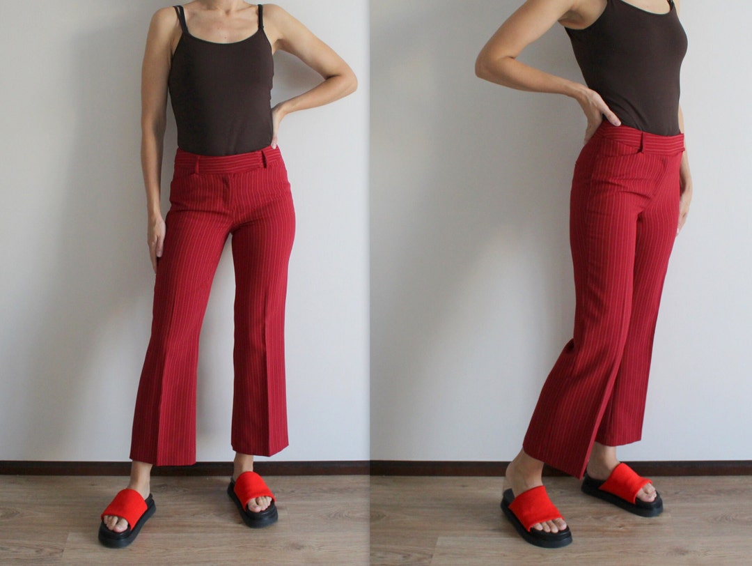 Red Striped Pants Pleated Pants Women's Trousers Wide Leg Cropped Bell ...