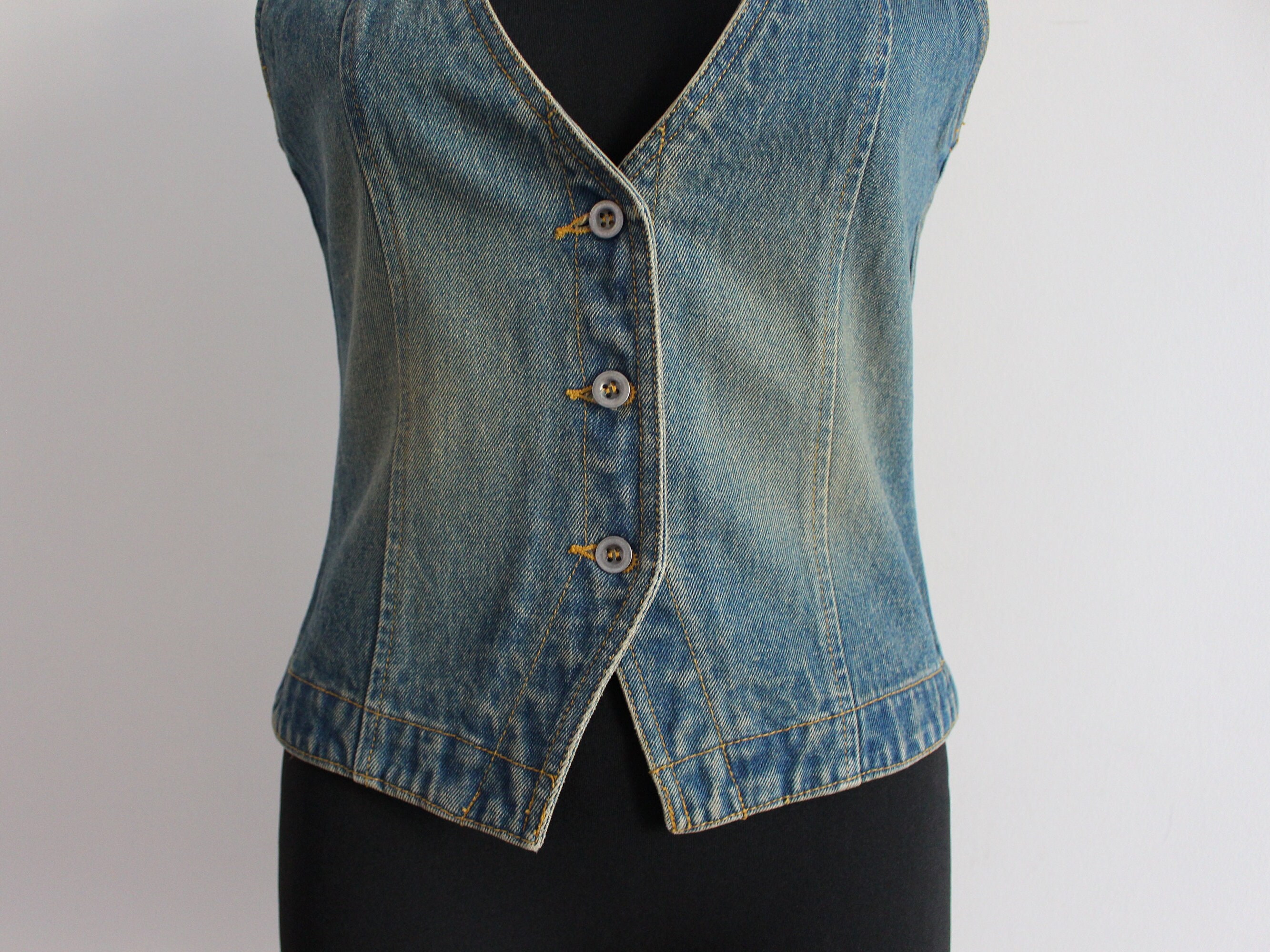 Vintage Denim Vest Acid Wash Denim Vest Women's Blue Denim Waistcoat Blue Jean Vest Fitted Vest ...