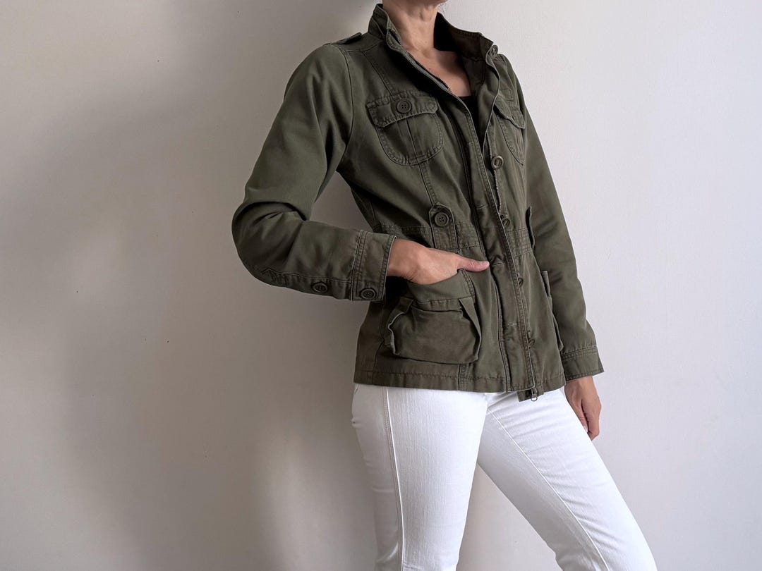 Vintage Olive Green Military Style Utility Jacket / Button-up Cargo ...