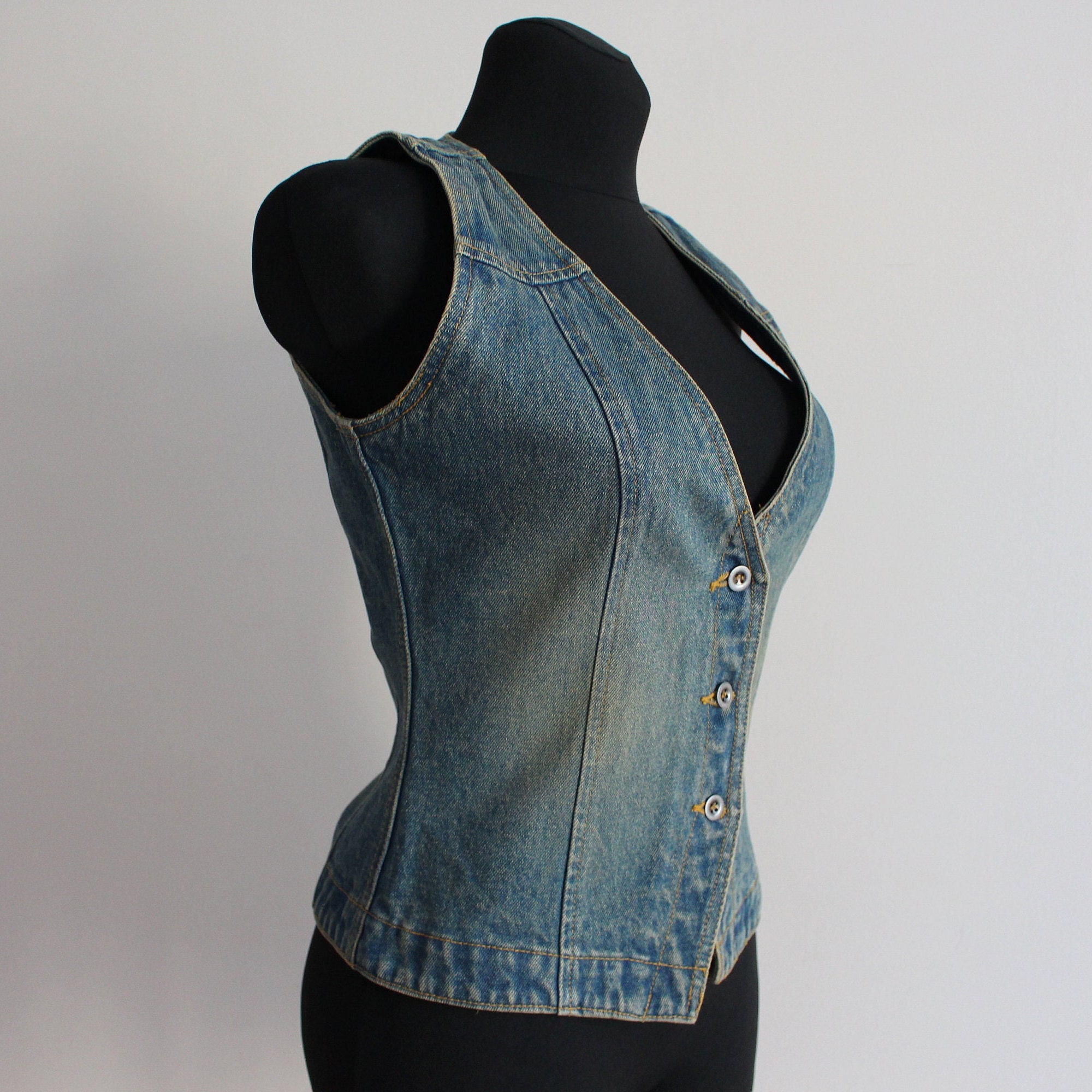 Vintage Denim Vest Acid Wash Denim Vest Women's Blue Denim Waistcoat Blue Jean Vest Fitted Vest ...