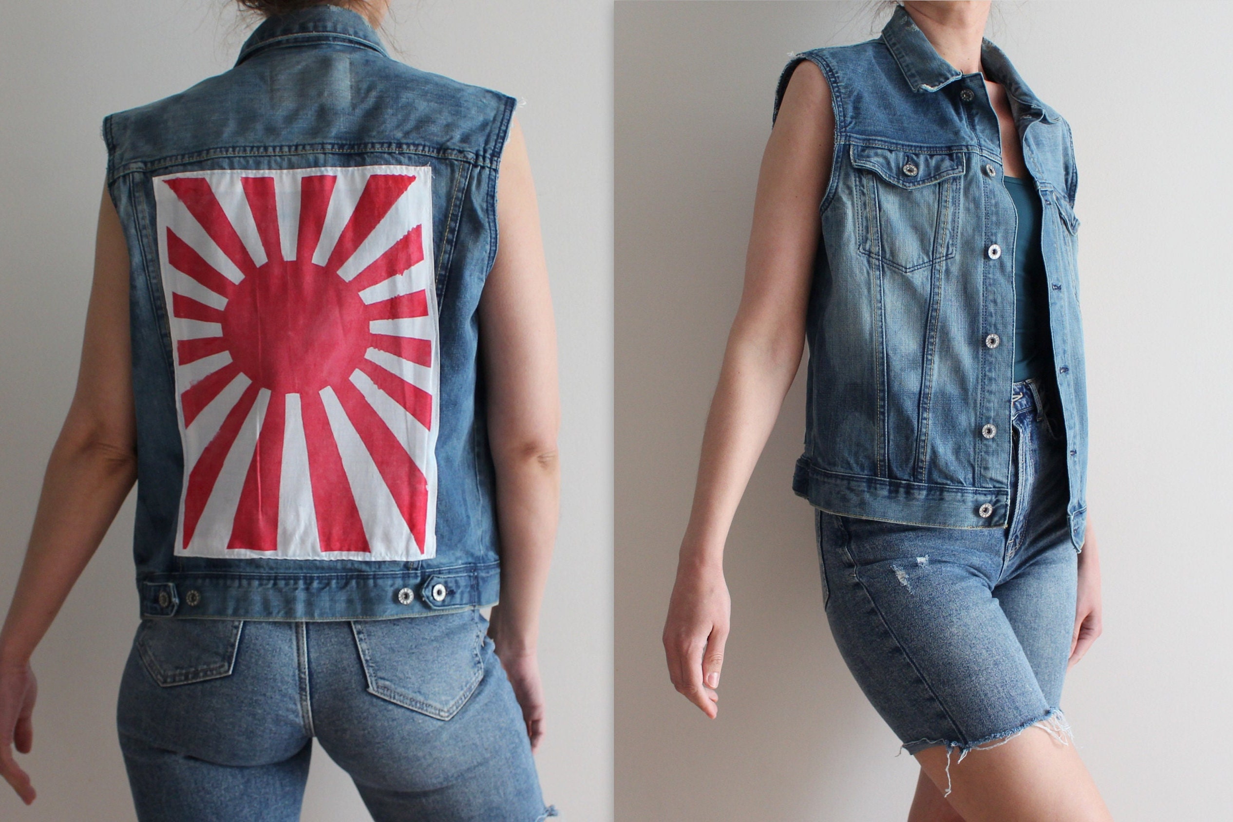 Denim Vest Blue Denim Vest Painted Rising Sun Flag Japanese Flag ...
