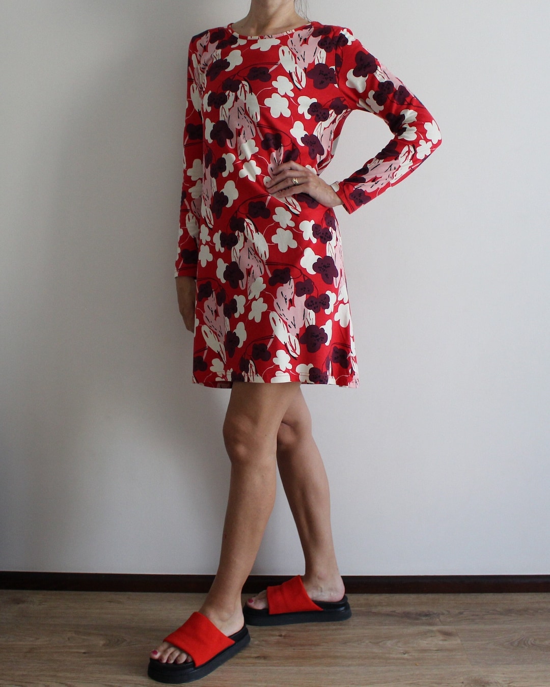 Nanso Dress Women's Tunic Mini Dress Red Beige Abstract Print Dress ...