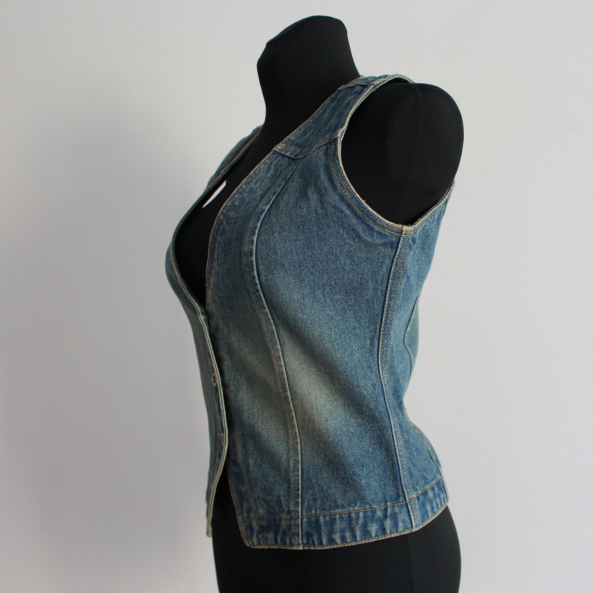 Vintage Denim Vest Acid Wash Denim Vest Women's Blue Denim Waistcoat Blue Jean Vest Fitted Vest ...
