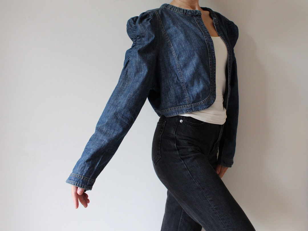 Cropped Denim Jacket Women's Jean Jacket Puff Ruched Sleeve Long Sleeve ...