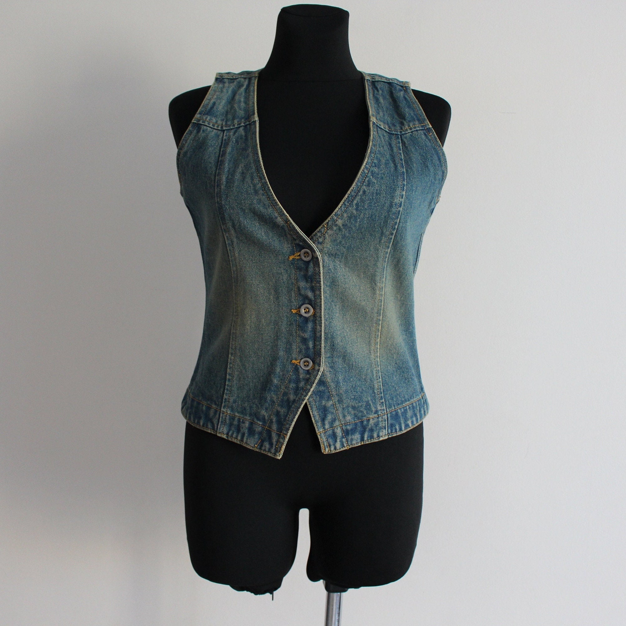 Vintage Denim Vest Acid Wash Denim Vest Women's Blue Denim Waistcoat Blue Jean Vest Fitted Vest ...