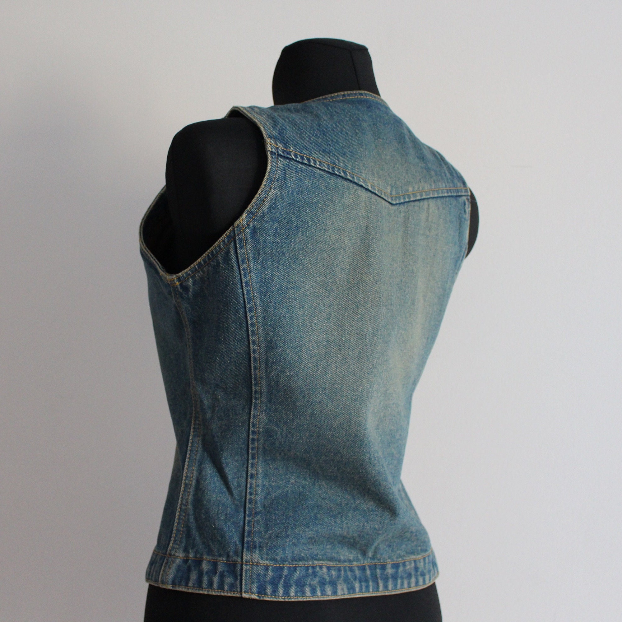 Vintage Denim Vest Acid Wash Denim Vest Women's Blue Denim Waistcoat Blue Jean Vest Fitted Vest ...
