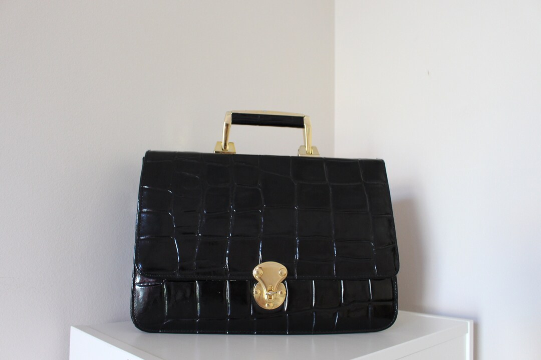 Black Faux Reptile Bag Messenger Bag With Golden Closure Vintage Faux ...