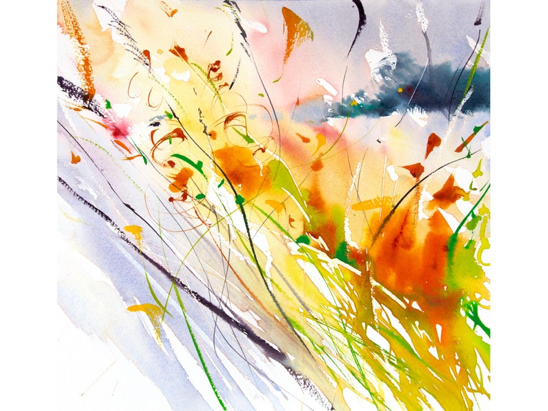 Summer Grasses Semi-abstract Watercolour Landscape Painting, Loose ...