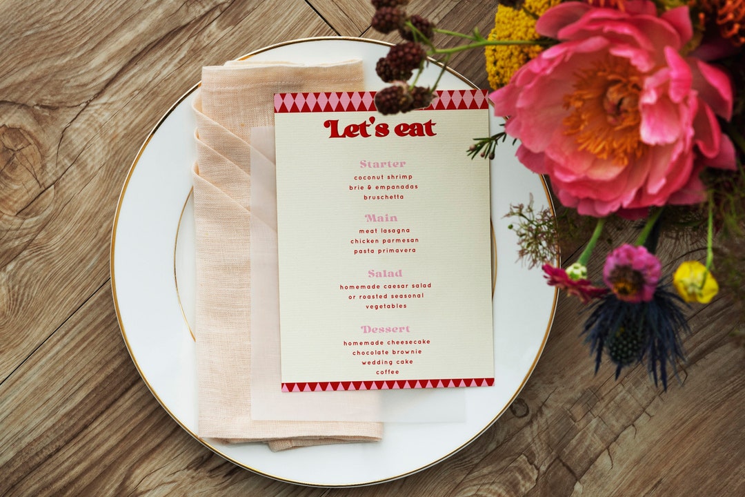 70s Retro Menu Template, Modern Wedding Menu Card, Editable Menu A5 ...