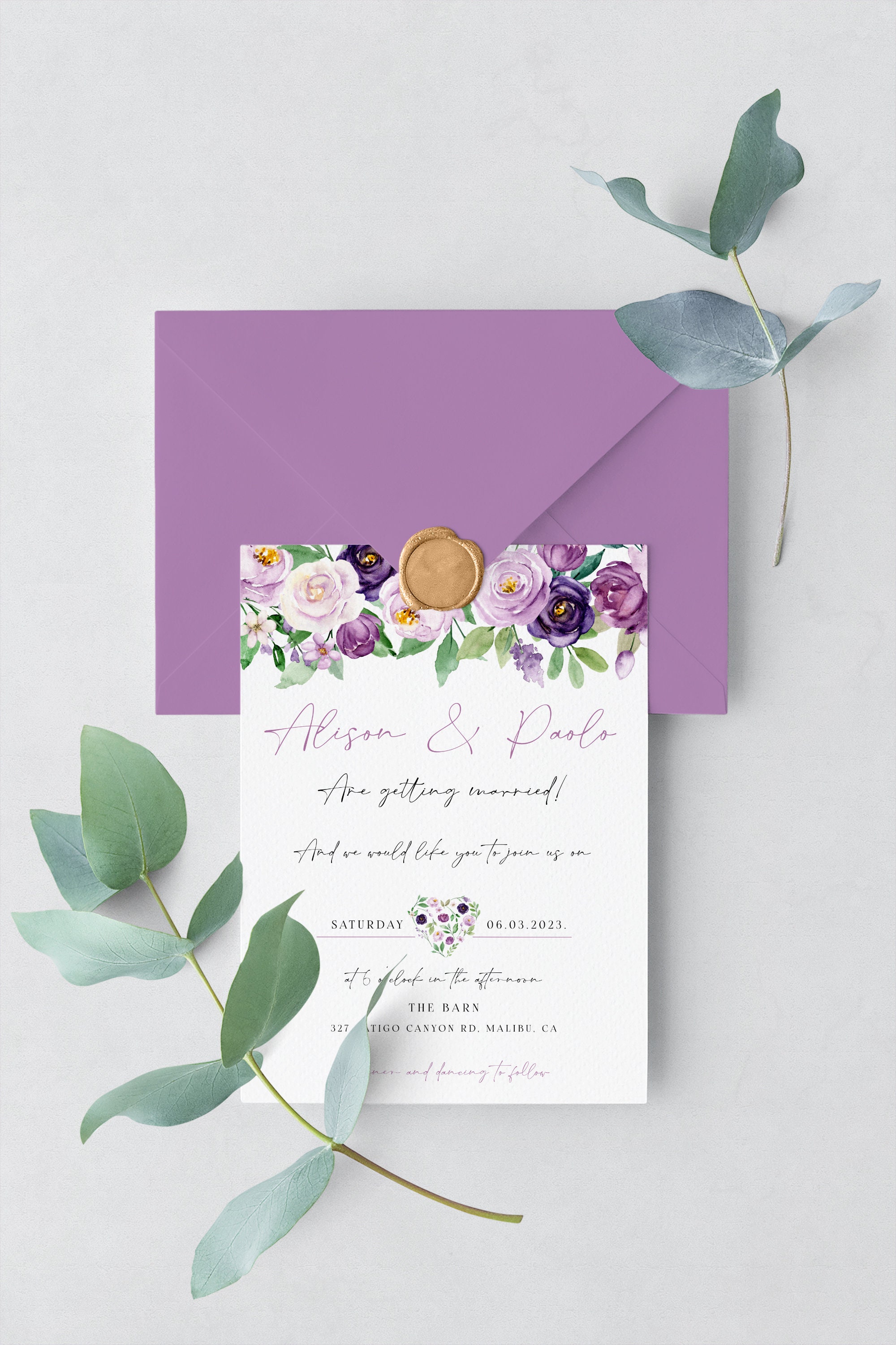 Purple Wedding Invite. Printable Template. Purple Flowers - Etsy UK