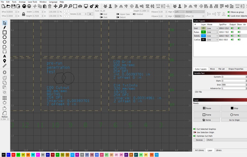 Lightburn Production Grid With X-Y Rulers, Dynamic Layer Cut Settings ...