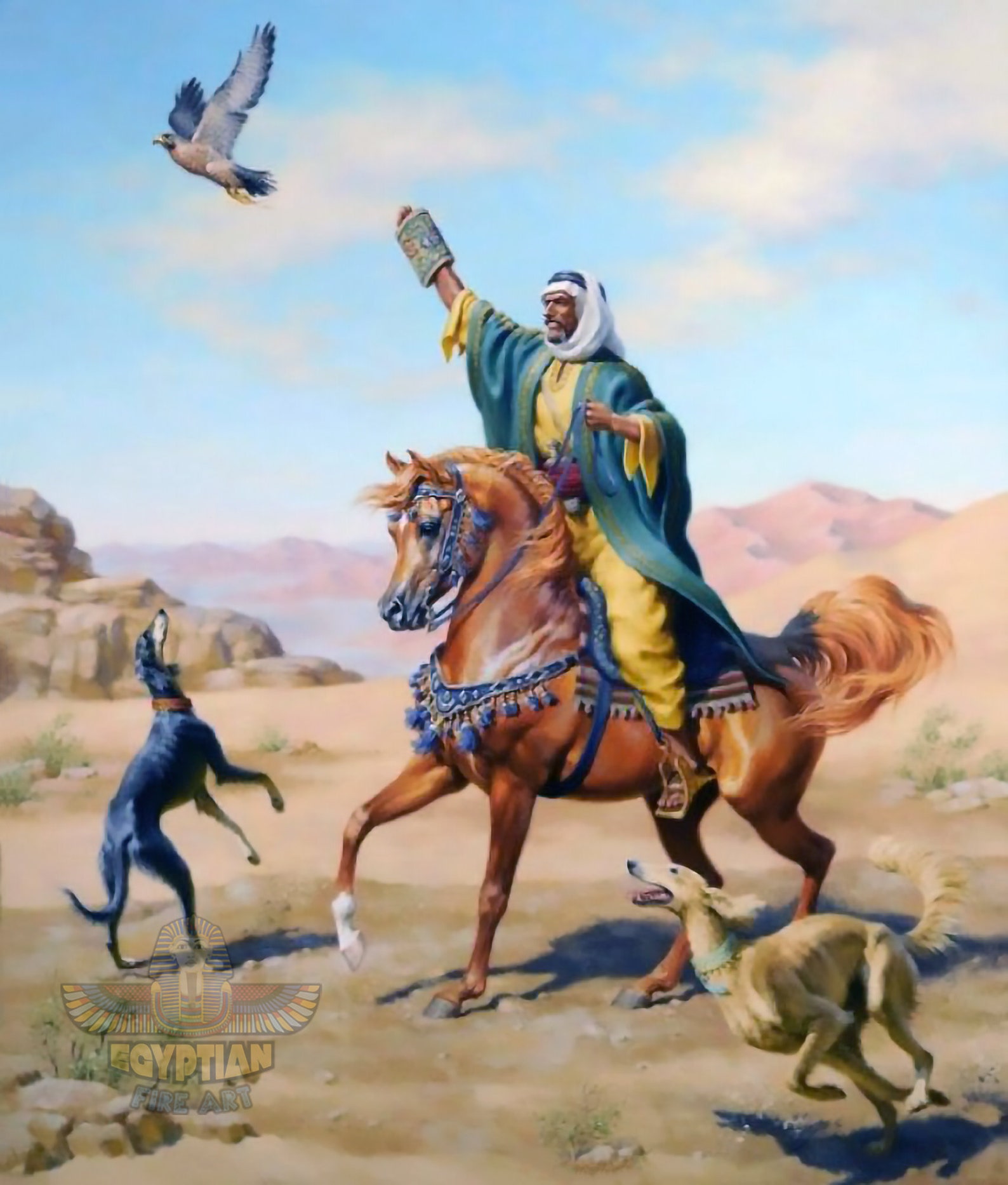 Arab Hunter With His Hawk and Saluki Dogs Egyptian Art Arabian Art Hand ...