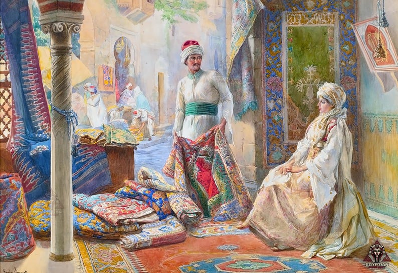 Hand Painted Artwork - the Rug Merchant and the Arab Lady by Amedeo ...