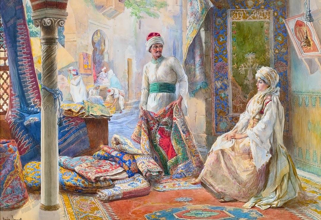 Hand Painted Artwork - the Rug Merchant and the Arab Lady - Arabic Art ...