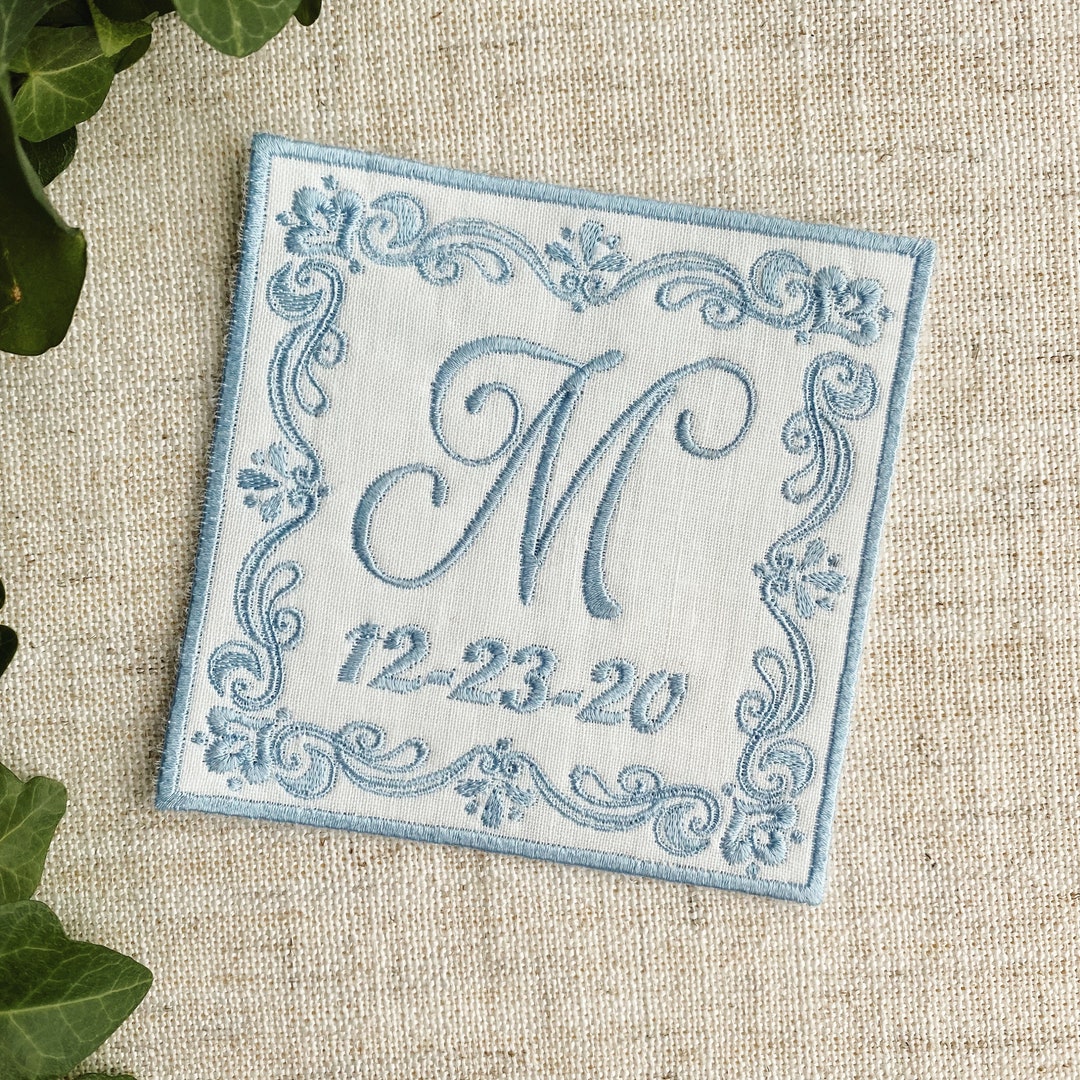 Wedding Dress Label With Monogram Blue Patch Wedding Date Custom Design ...