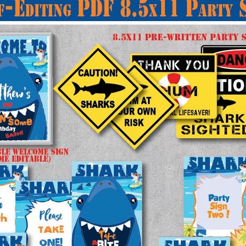 SELF-EDITING Shark Birthday Party Signs-welcome Sign-printable | Etsy