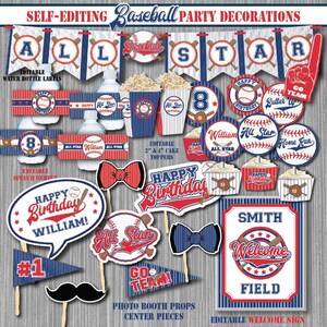 SELF-EDITING All Star Baseball Birthday Decorations-printable Baseball ...