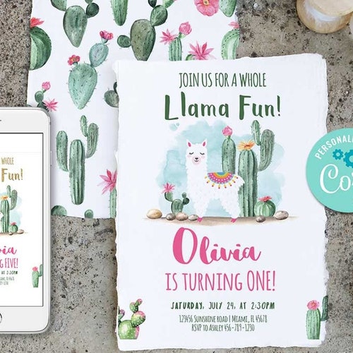 Llama Birthday Invitation Whole Llama Fun Invite Cactus Alpaca - Etsy