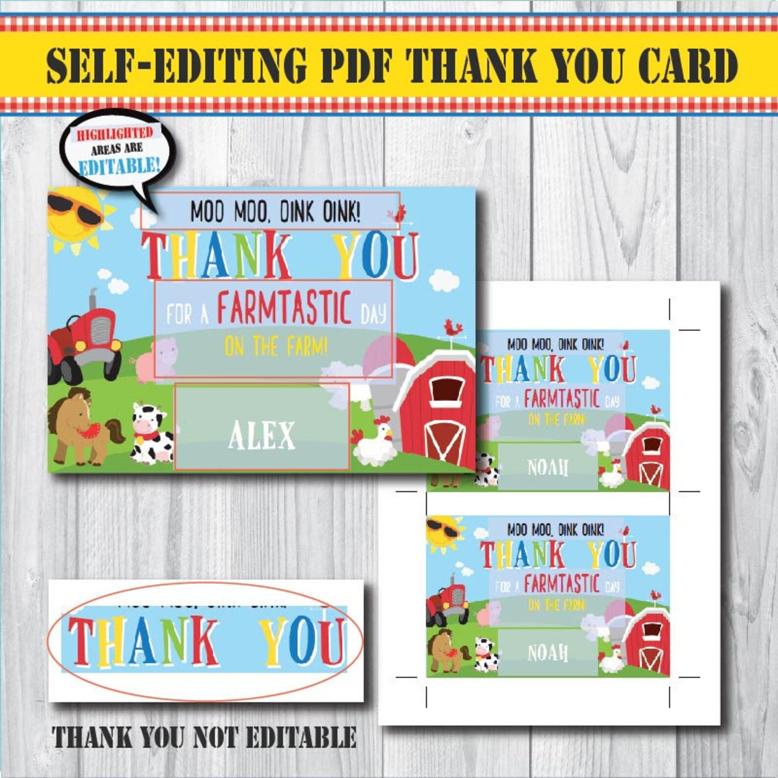 Self-editing Farm Birthday Thank You Card-farm Party-printable | Etsy