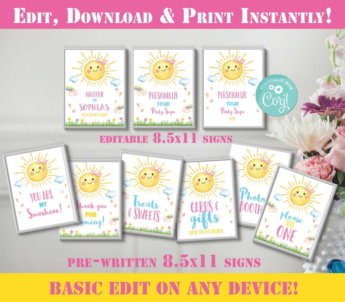 Sunshine Party Signs-selfedit W Corjl-sunshine Birthday-you - Etsy