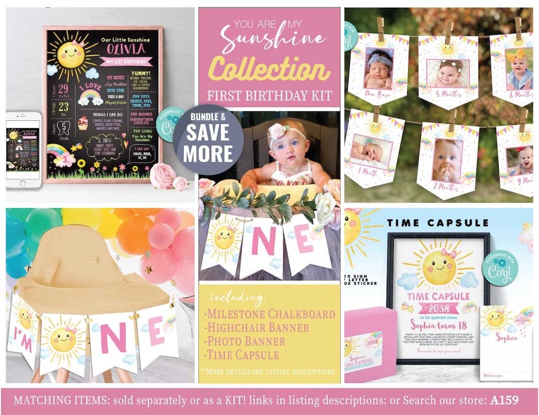 Sunshine First Birthday Decoration Kit-self Edit W Corjl-milestone ...