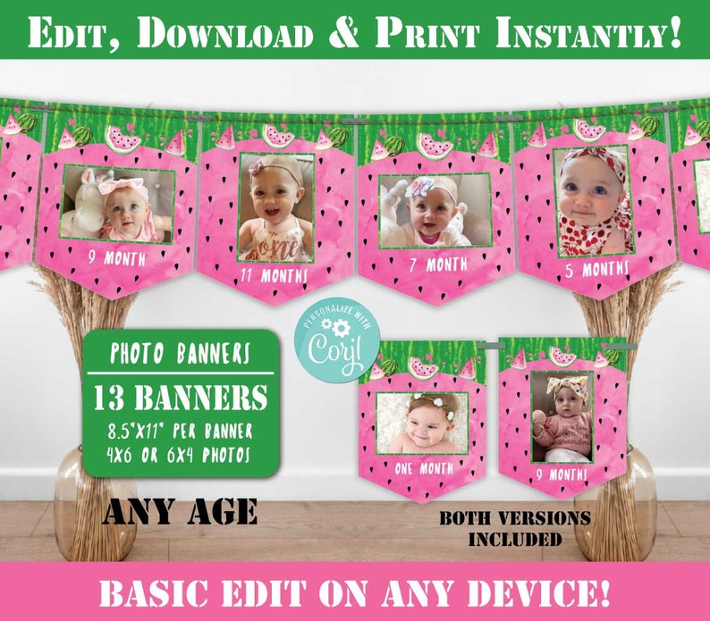 Watermelon Birthday Photo Banners-self-edit W Corjl-watermelon - Etsy