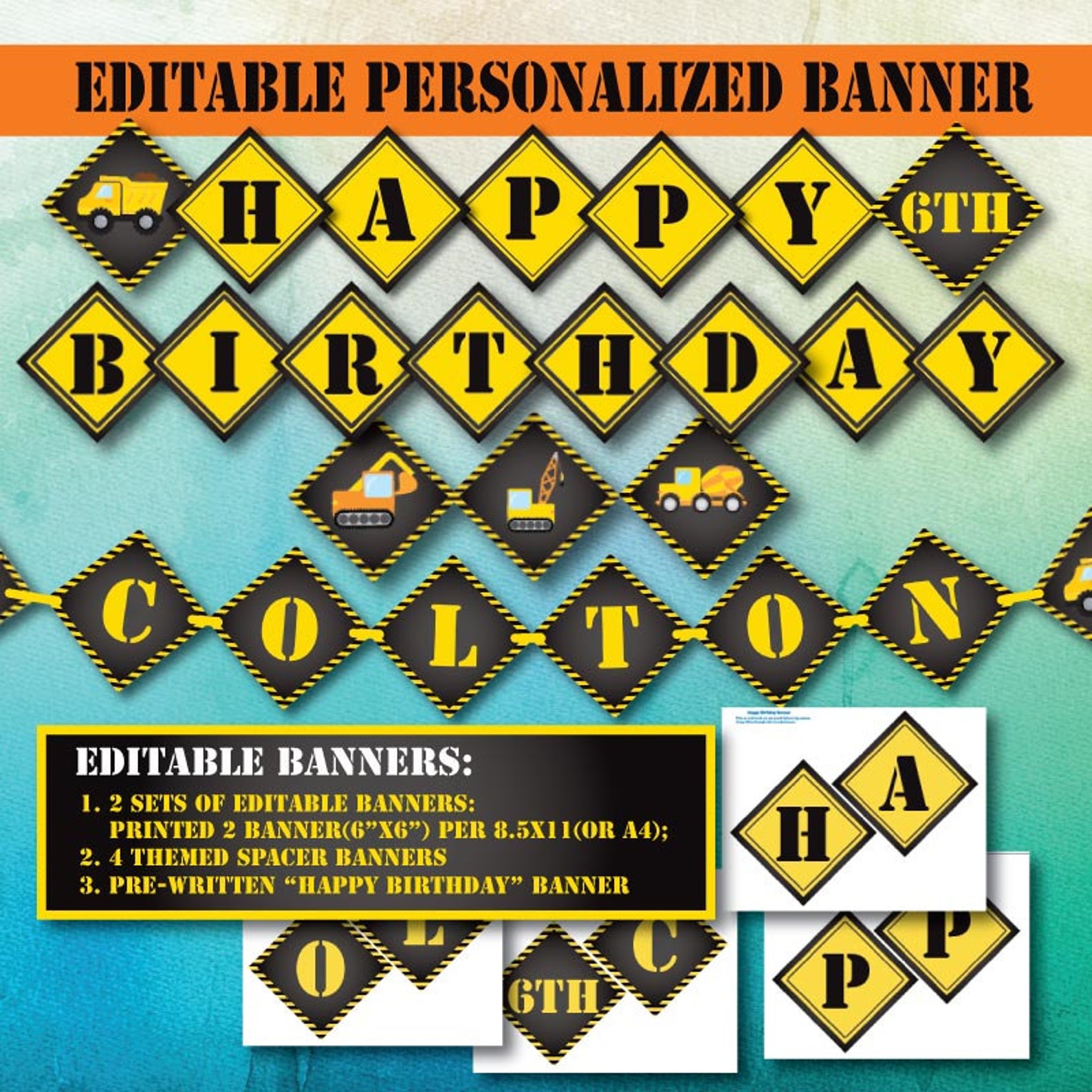 Instant Download Editable Construction Birthday Decoration Banner-self ...