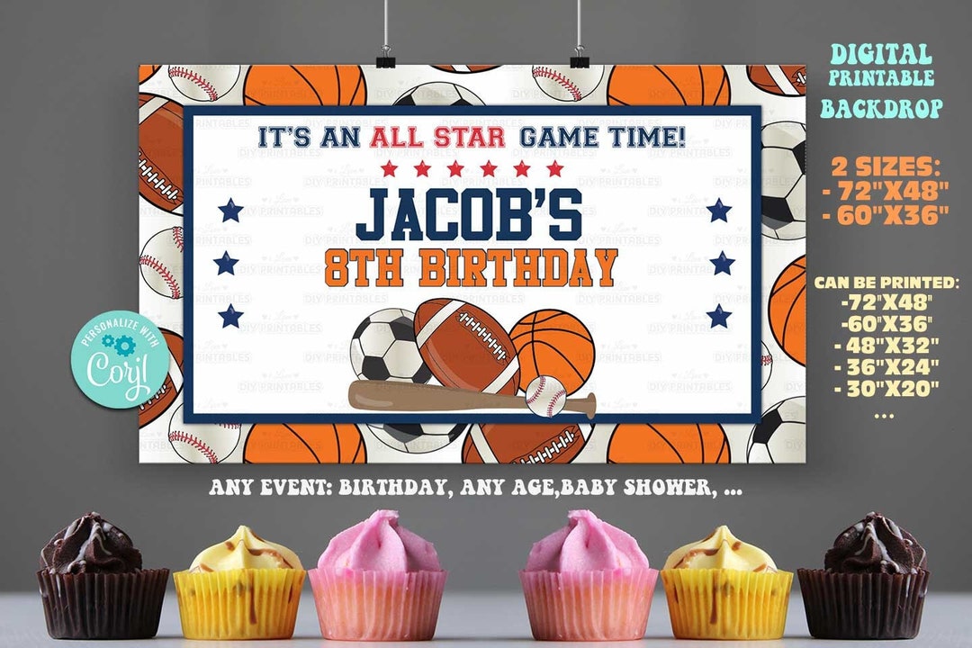 Digital All Star Sport Party Backdrop-edit Corjl-table Banner-football ...