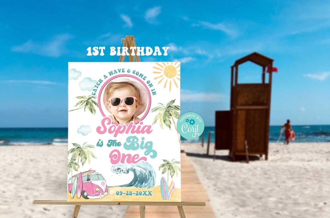 The BIG ONE Party Welcome Sign-corjl-pink Surf's up Birthday-pool-beach ...