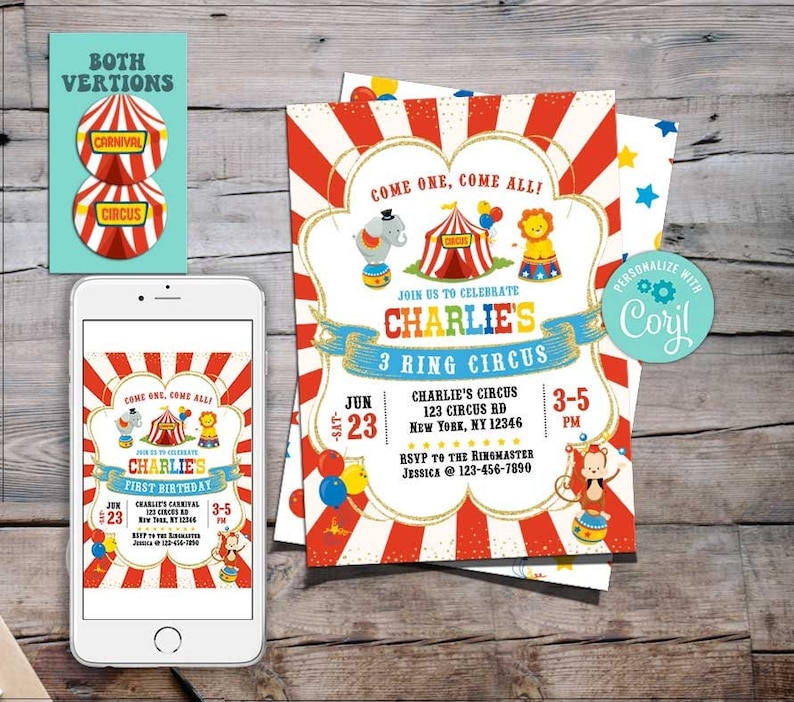 CIRCUS Birthday Invitation-self Edit Corjl-carnival - Etsy