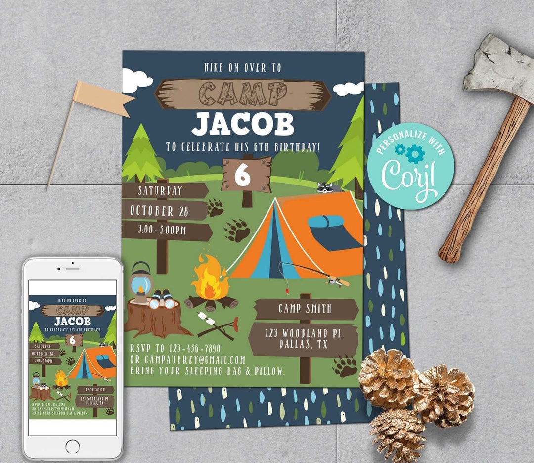 Camping Birthday Invitation-self-edit W Corjl-camp Out-one Happy Camper ...